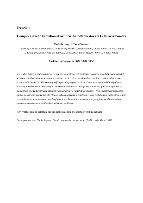 (PDF) Complex genetic evolution of artificial self-replicators in cellular automata