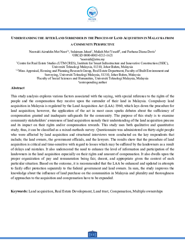 (PDF) UNDERSTANDING THE AFTER LAND SURRENDER IN THE PROCESS OF LAND ACQUISITION IN MALAYSIA FROM ...
