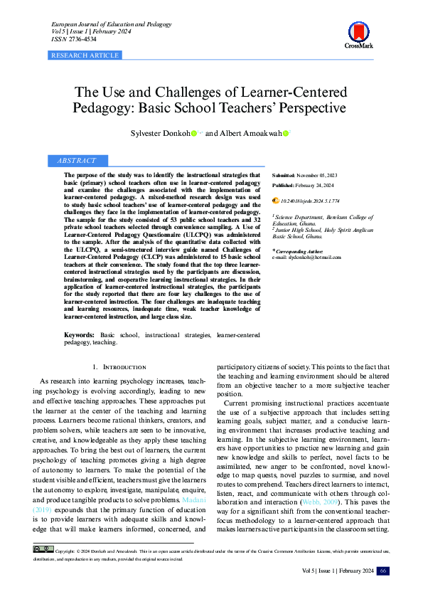 (PDF) Use and Challenges of Learner-Centered Pedagogy: Basic School Teachers’ Perspective
