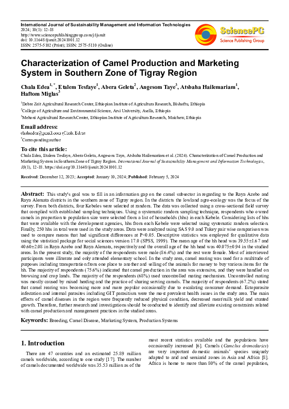 (PDF) Characterization of Camel Production and Marketing System in ...