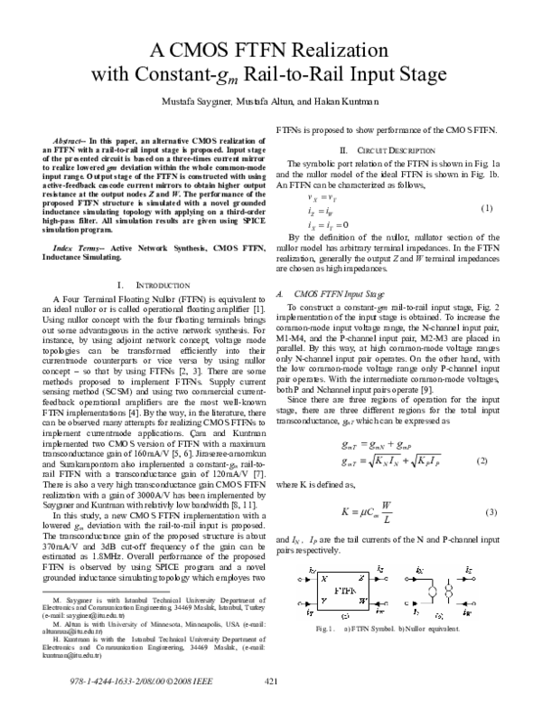 (PDF) A CMOS FTFN realization with constant-g m rail-to-rail input stage