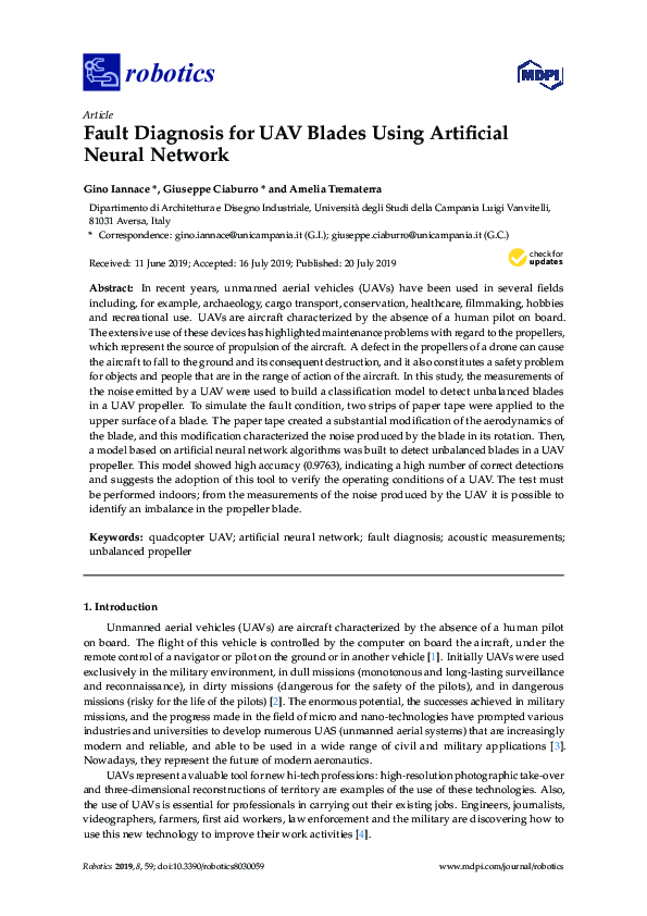 (PDF) Fault Diagnosis for UAV Blades Using Artificial Neural Network