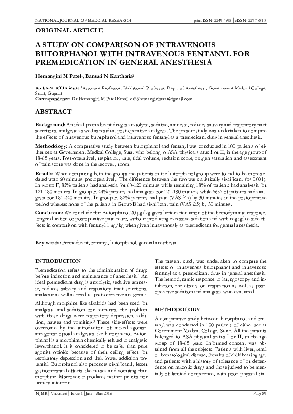 (PDF) A STUDY ON COMPARISON OF INTRAVENOUS BUTORPHANOL WITH INTRAVENOUS ...