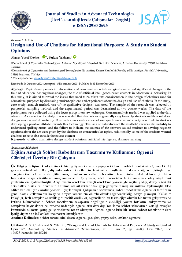 (PDF) Design and Use of Chatbots for Educational Purposes: A Study on ...