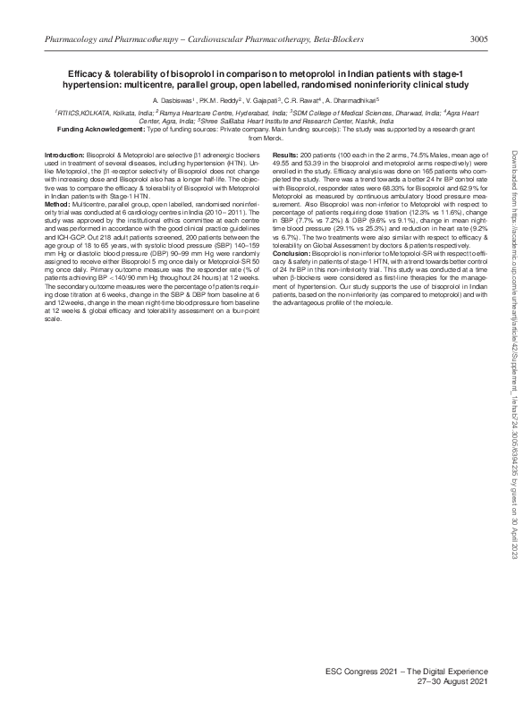 (PDF) Efficacy tolerability of bisoprolol in comparison to metoprolol in Indian patients with ...