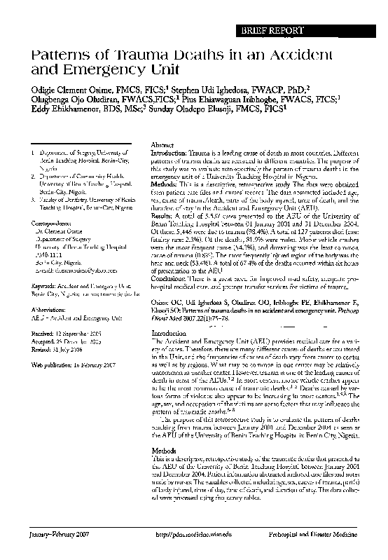 (PDF) Patterns of Trauma Deaths in an Accident and Emergency Unit