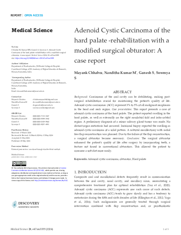 Pdf Adenoid Cystic Carcinoma Of The Hard Palate Rehabilitation With A Modified Surgical