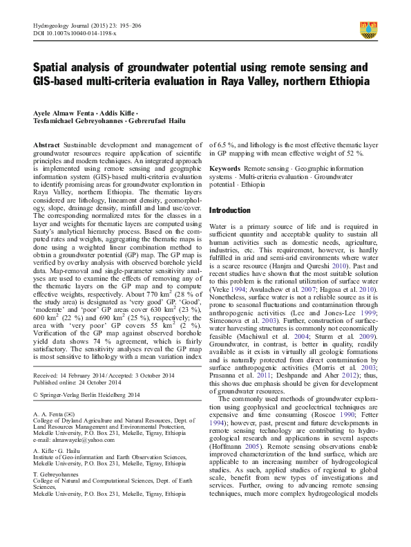 (PDF) Spatial analysis of groundwater potential using remote sensing and GIS-based multi ...