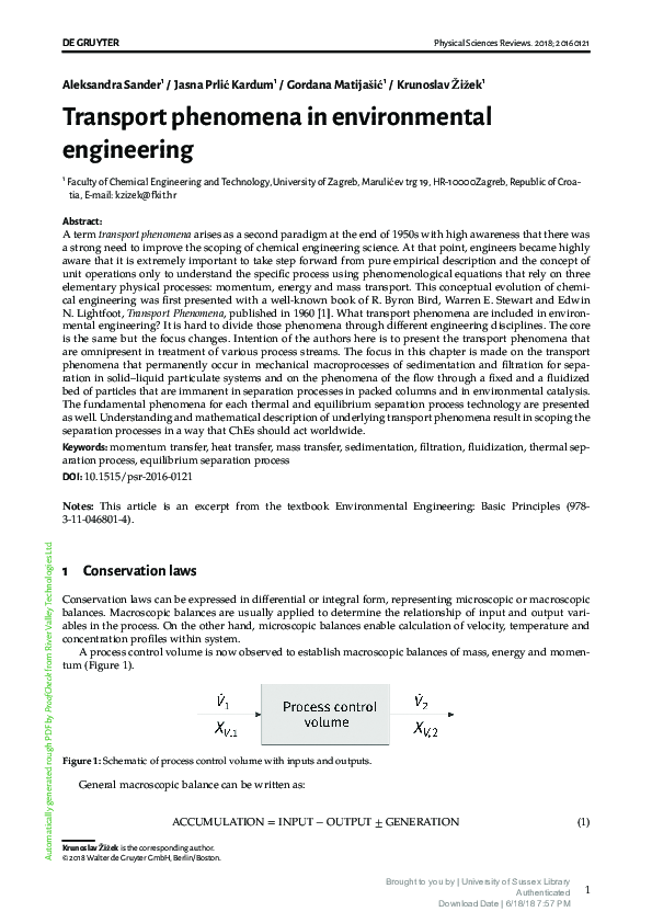 (PDF) Transport phenomena in environmental engineering