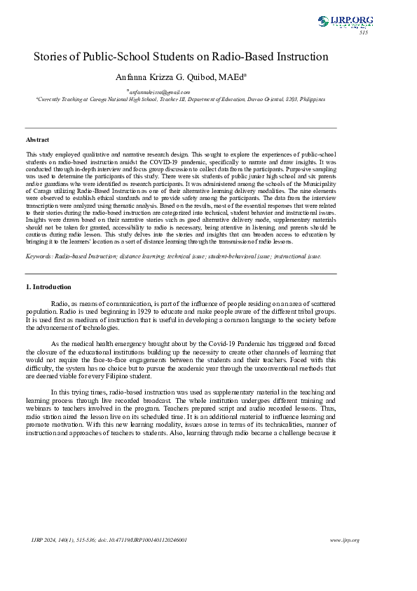 (PDF) Stories of Public-School Students on Radio-Based Instruction ...