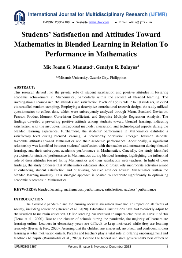 (PDF) Students’ Satisfaction and Attitudes Toward Mathematics in ...