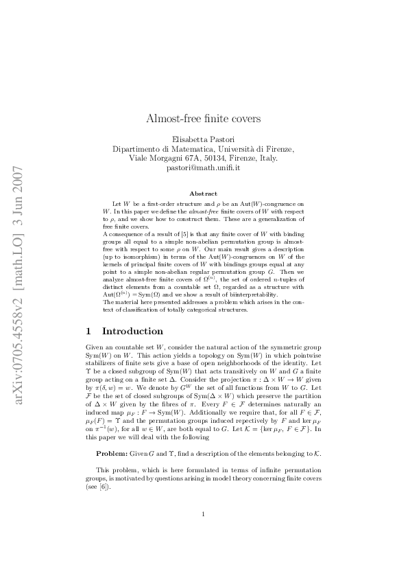 (PDF) Constructing Almost-Free Finite Covers of W