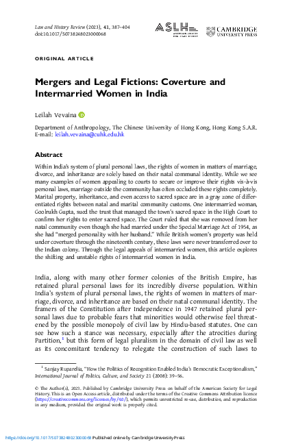 (PDF) Mergers and Legal Fictions: Coverture and Intermarried Women in India