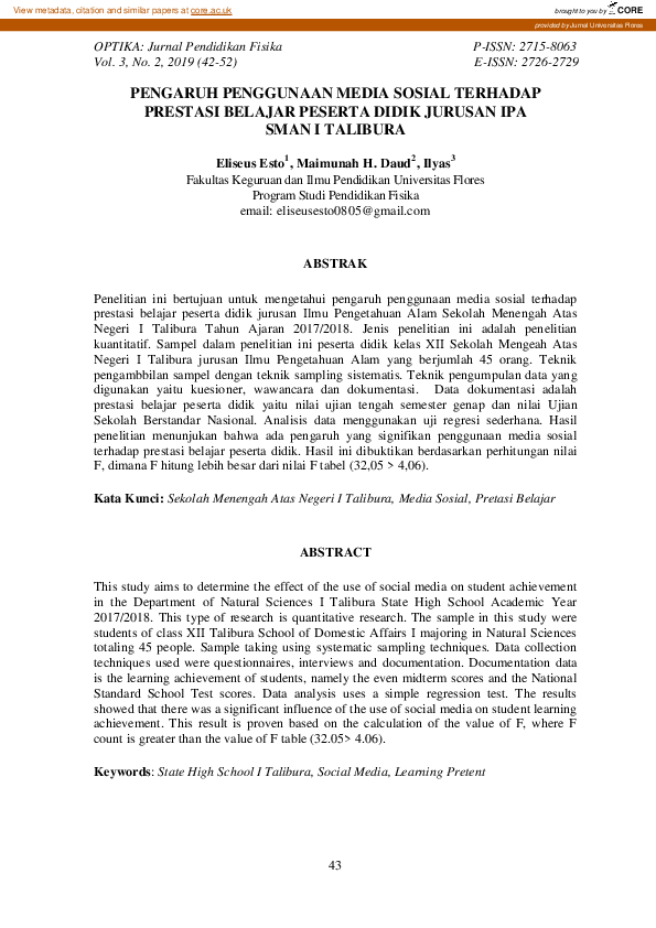 (PDF) Pengaruh Penggunaan Media Sosial Terhadap Prestasi Belajar Peserta Didik Jurusan Ipa Sman ...
