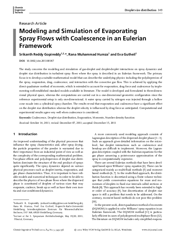 (PDF) Modeling and Simulation of Evaporating Spray Flows with Coalescence in an Eulerian Framework