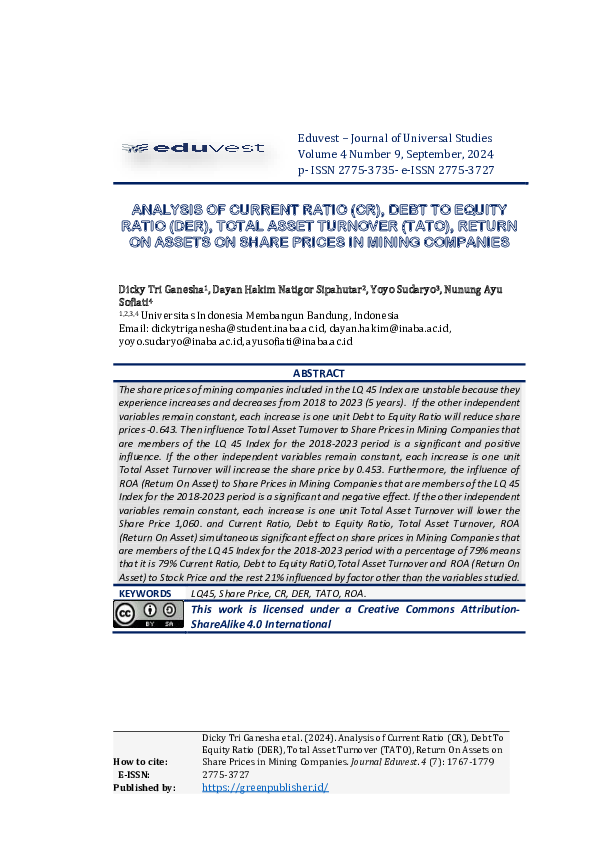 (PDF) Analysis Of Current Ratio (CR), Debt To Equity Ratio (DER), Total ...