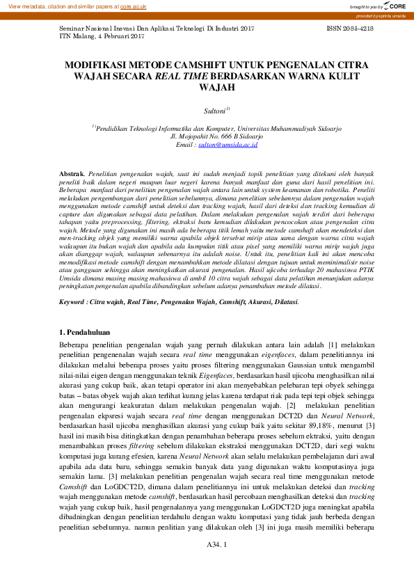 (PDF) Modifikasi Metode Camshift Untuk Pengenalan Citra Wajah Secara Real Time Berdasarkan Warna ...