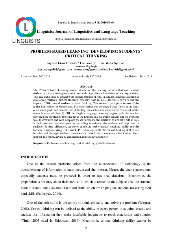(PDF) Problem-based Learning: Developing Students' Critical Thinking