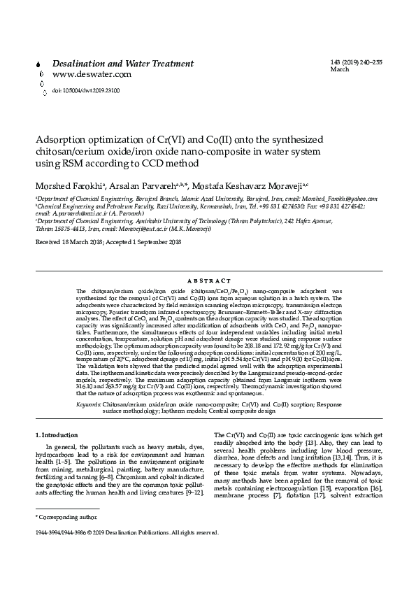 Pdf Adsorption Optimization Of Cr Vi And Co Ii Onto The Synthesized Chitosan Cerium Oxide