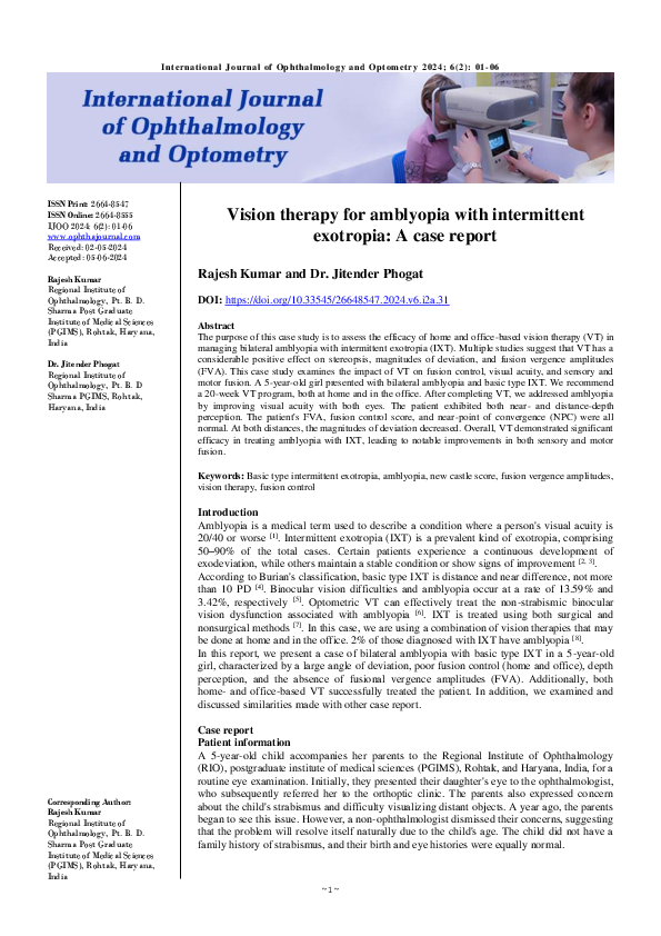 (PDF) Vision therapy for amblyopia with intermittent exotropia: A case report
