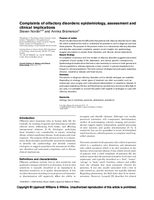 (PDF) Complaints of olfactory disorders: epidemiology, assessment and ...