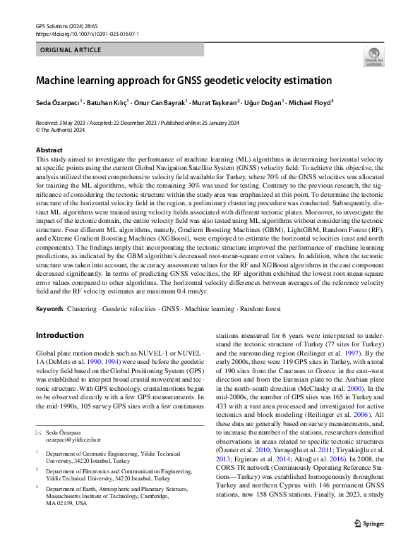 Pdf Machine Learning Approach For Gnss Geodetic Velocity Estimation