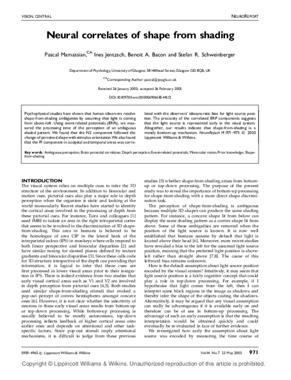 (PDF) Neural correlates of shape from shading
