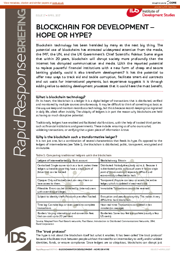 (PDF) Blockchain for Development – Hope or Hype?