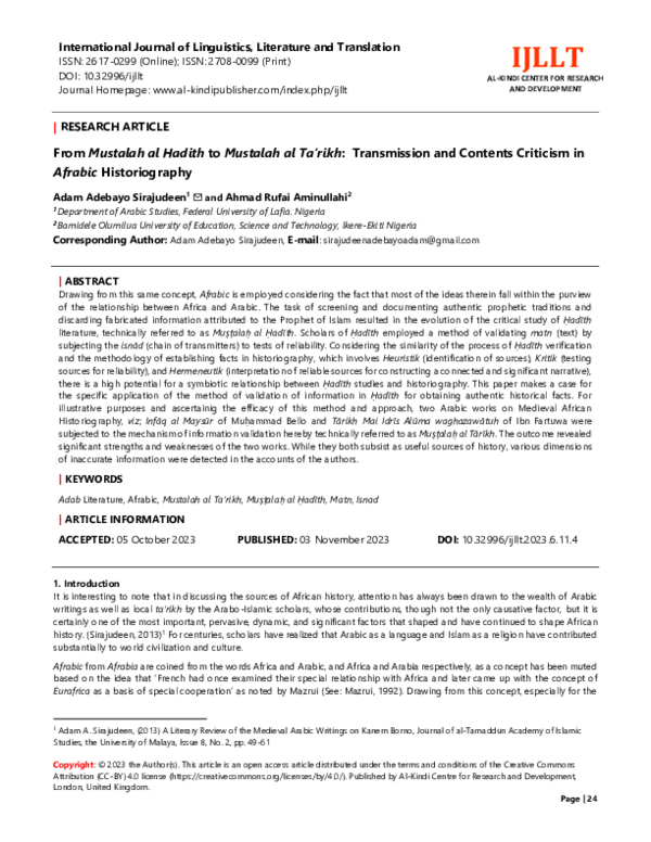 (PDF) From Mustalah al Hadith to Mustalah al Ta’rikh: Transmission and ...