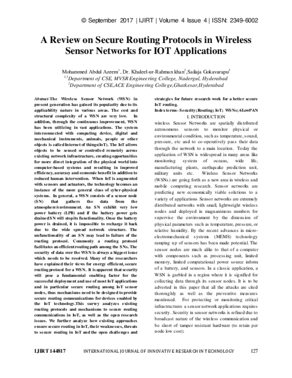 Pdf A Review On Secure Routing Protocols In Wireless Sensor Networks