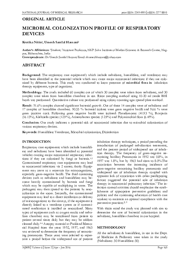 (PDF) MICROBIAL COLONIZATION PROFILE OF RESPIRATORY DEVICES | National ...