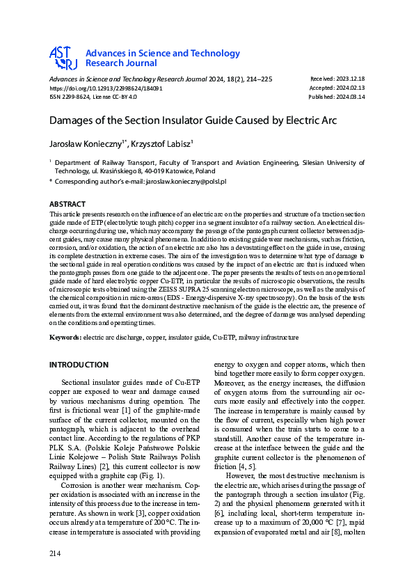 (PDF) Damages of the Section Insulator Guide Caused by Electric Arc