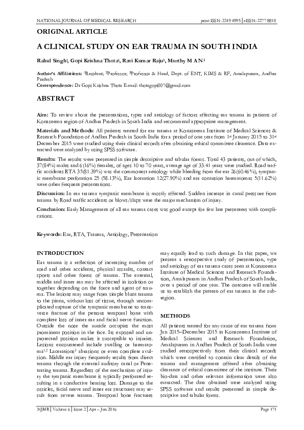 (PDF) A CLINICAL STUDY ON EAR TRAUMA IN SOUTH INDIA