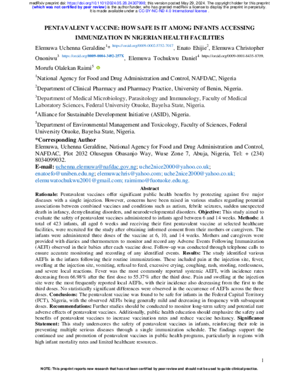 (PDF) Pentavalent Vaccine: How Safe Is It Among Infants Accessing ...