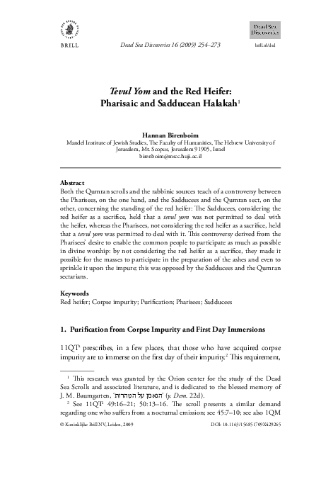 (PDF) Tevul Yom and the Red Heifer: Pharisaic and Sadducean Halakah