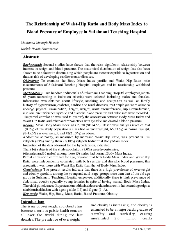 (PDF) The Relationship of Waist-Hip Ratio and Body Mass Index to Blood Pressure of Employee in ...