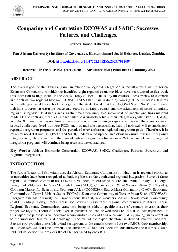 (PDF) Comparing and Contrasting ECOWAS and SADC: Successes, Failures ...