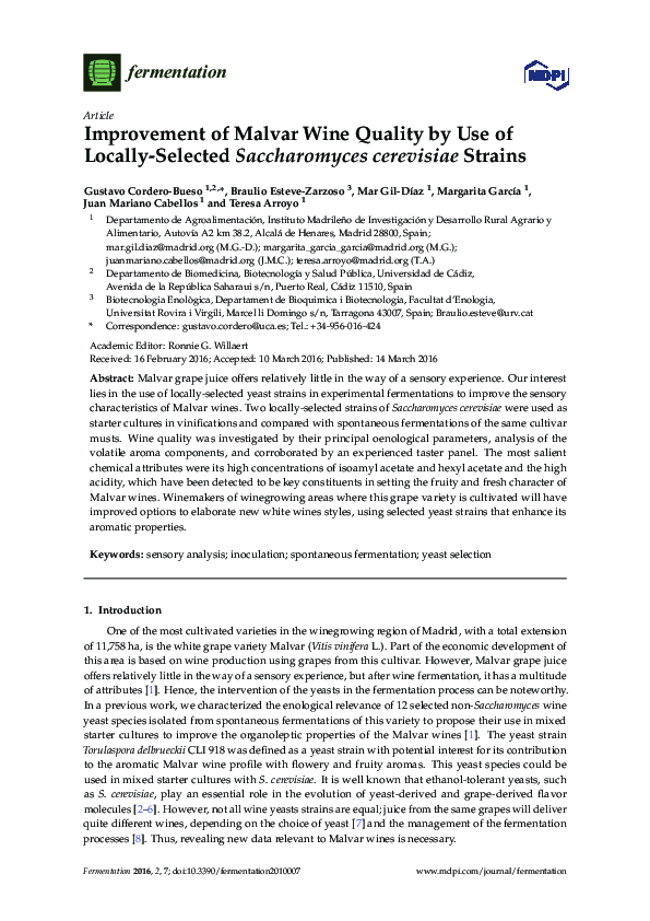 (PDF) Improvement of Malvar Wine Quality by Use of Locally-Selected Saccharomyces cerevisiae Strains