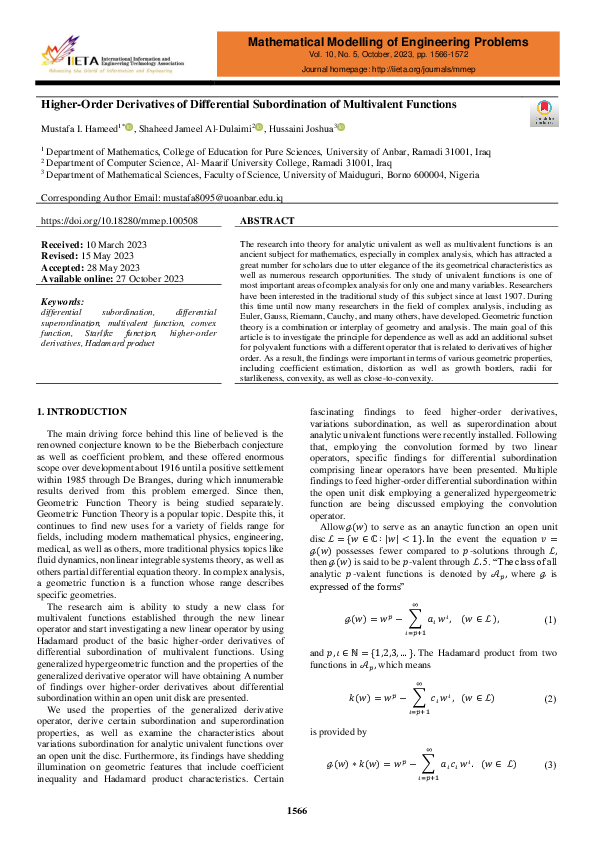 (PDF) Higher-Order Derivatives of Differential Subordination of Multivalent Functions