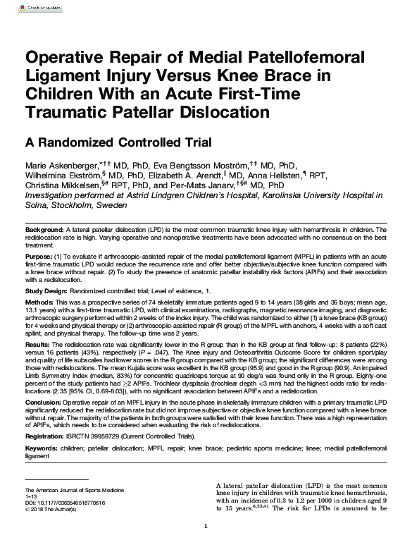 (PDF) Operative Repair of Medial Patellofemoral Ligament Injury Versus Knee Brace in Children ...
