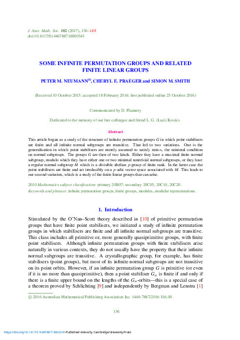 (PDF) Some Infinite Permutation Groups and Related Finite Linear Groups