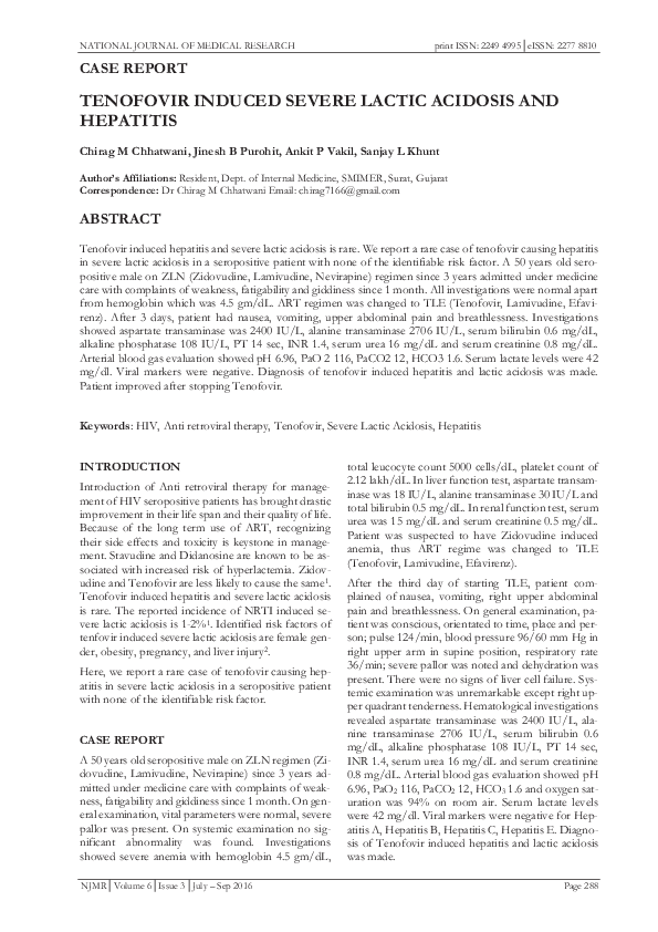 (PDF) TENOFOVIR INDUCED SEVERE LACTIC ACIDOSIS AND HEPATITIS
