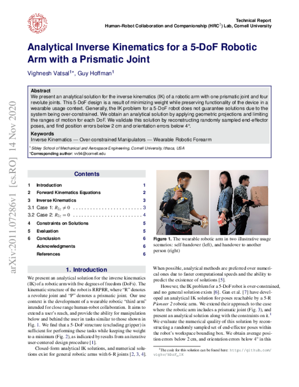 Pdf Analytical Inverse Kinematics For A 5 Dof Robotic Arm With A Prismatic Joint Vighnesh