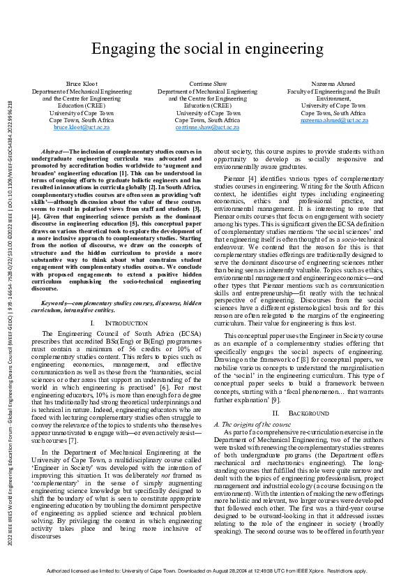 (PDF) Engaging the social in engineering