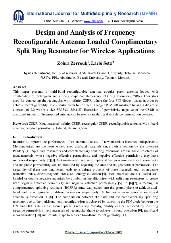(PDF) Design and Analysis of Frequency Reconfigurable Antenna Loaded Complimentary Split Ring ...