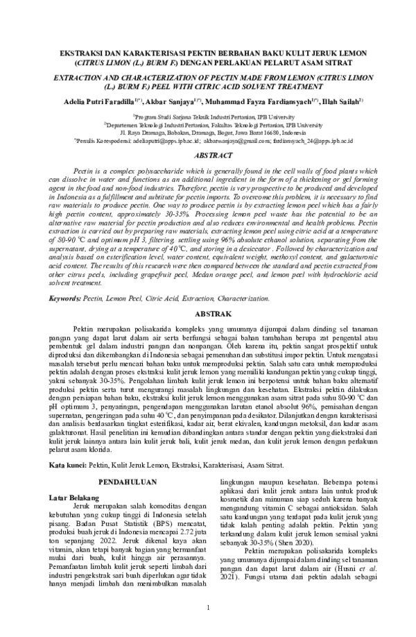 (PDF) Extraction and Characterization of Pectin Made From Lemon (Citrus L.) Peel With Citric ...
