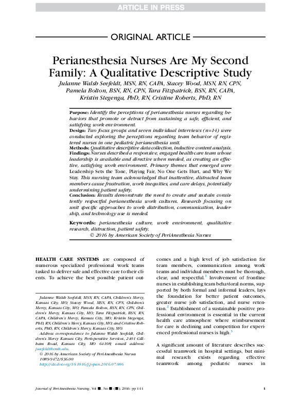 (PDF) Perianesthesia Nurses Are My Second Family: A Qualitative ...