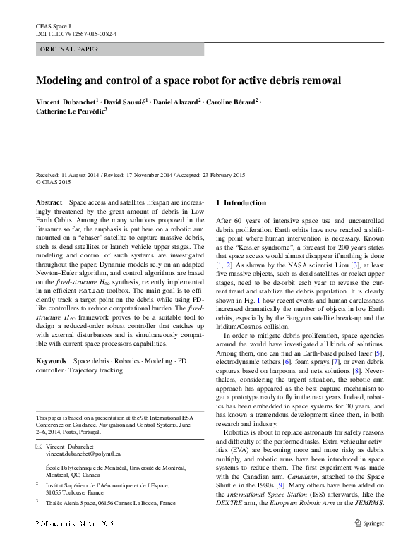 (PDF) Modeling and control of a space robot for active debris removal