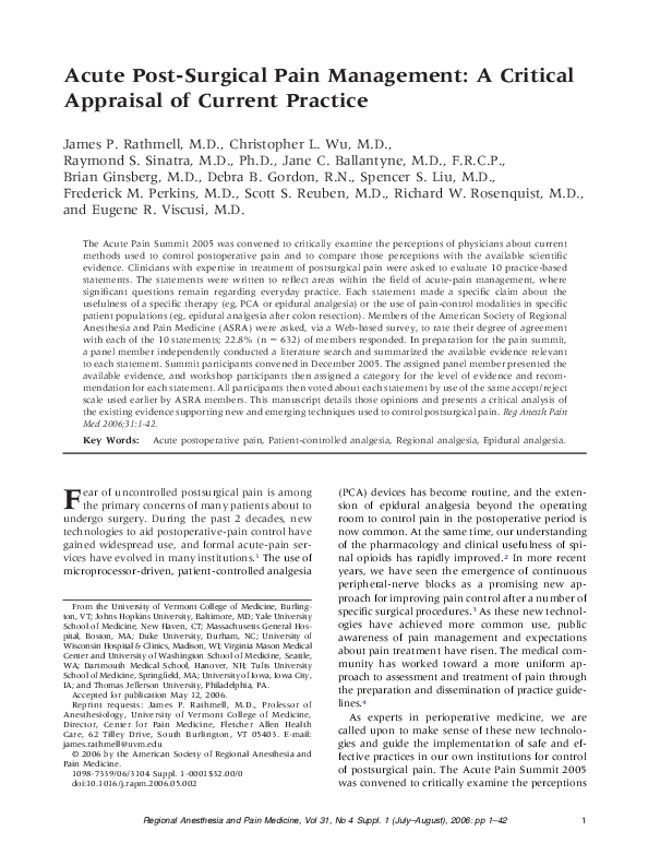 (PDF) Acute Post-Surgical Pain Management | Jane Ballantyne and Debra ...