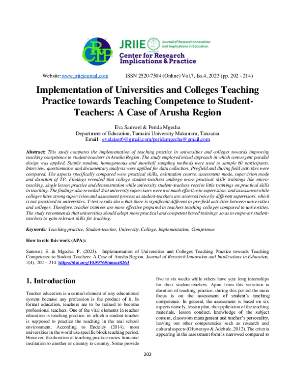(PDF) Implementation of Universities and Colleges Teaching Practice ...